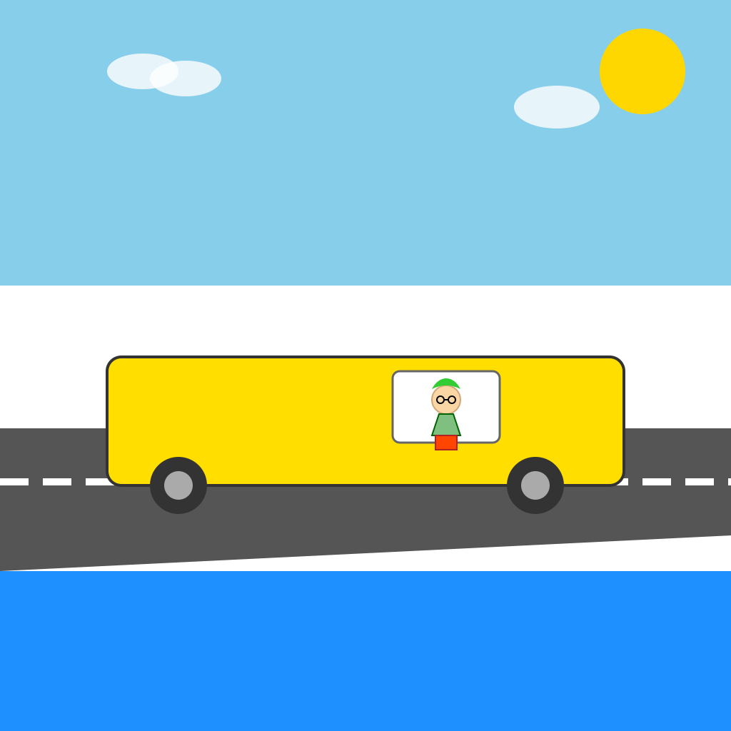 Fun Bus Adventure - Driving on a vibrant coastal road, our quirky bus ...