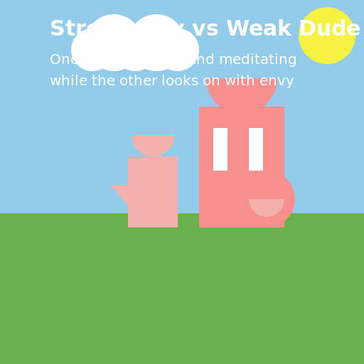 Strong guy working out and meditating with a weak dude looking with ...